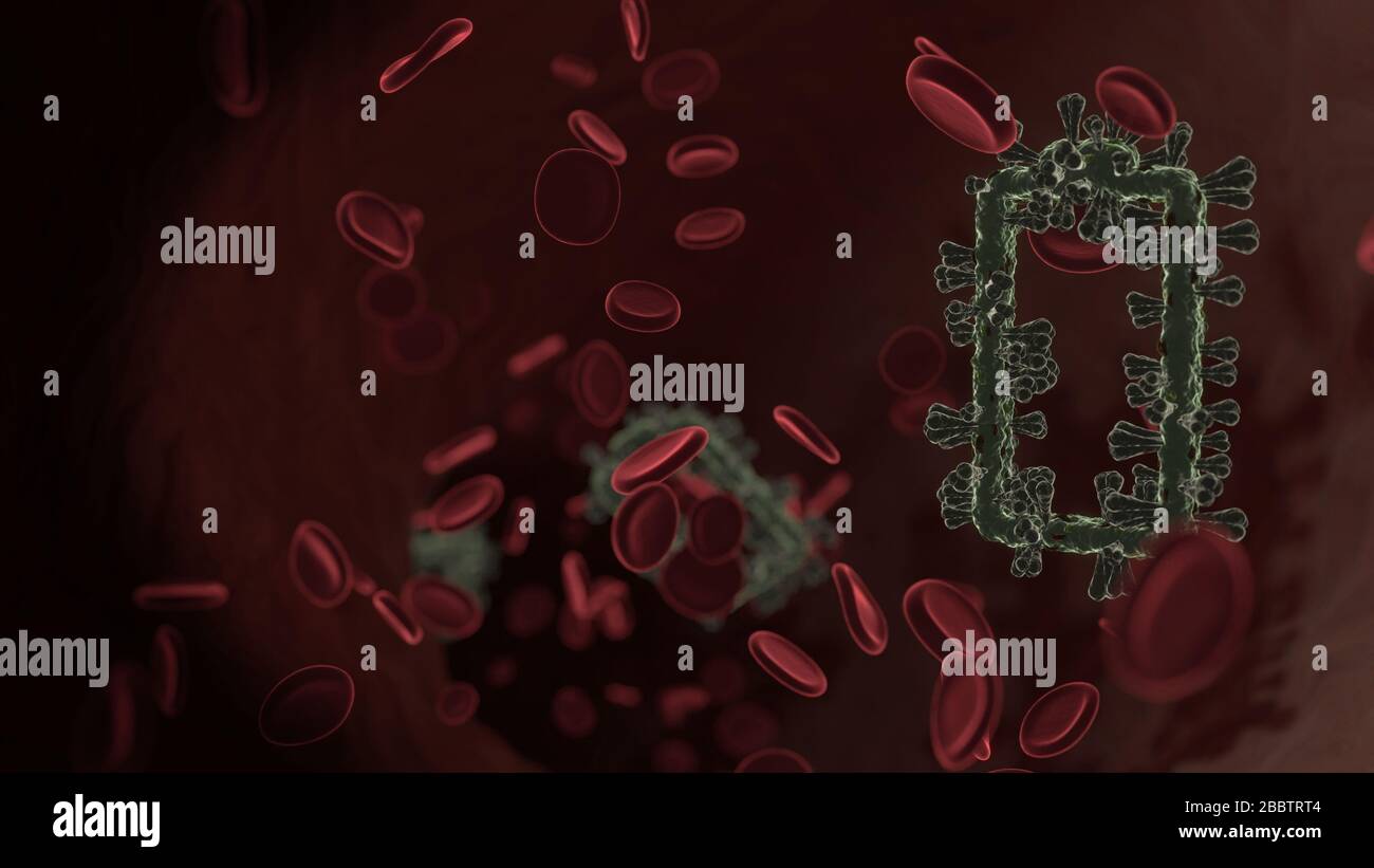 microscopic 3D rendering view of virus shaped as vertical symbol of ...