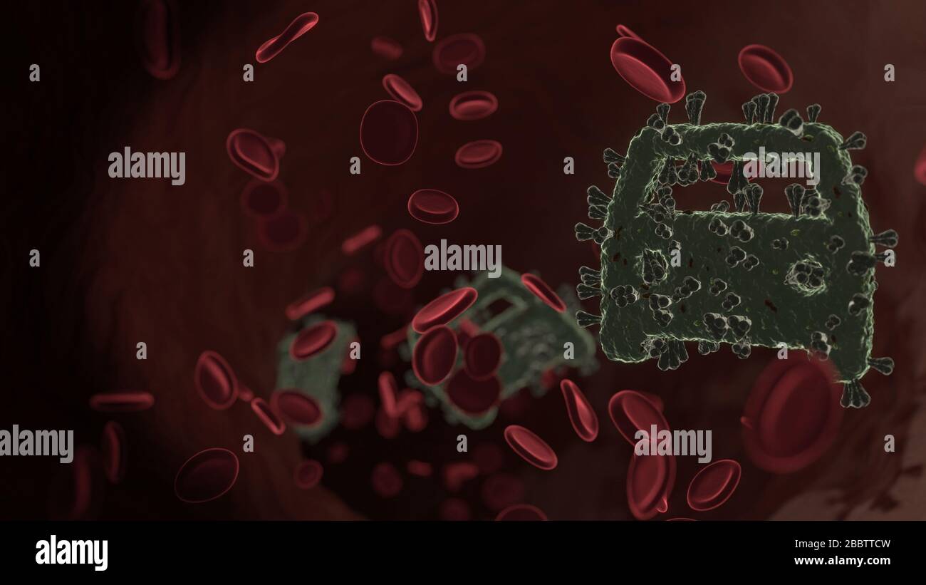 microscopic 3D rendering view of virus shaped as symbol of car in front ...