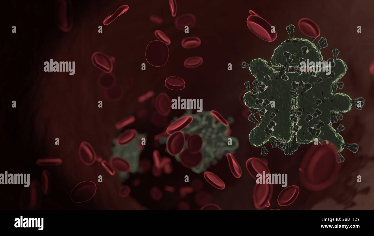 microscopic 3D rendering view of virus shaped as symbol of bug with six ...