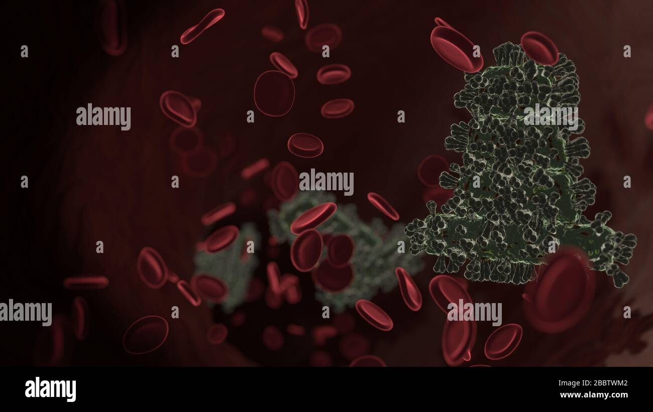 microscopic 3D rendering view of virus shaped as symbol of traffic cone ...