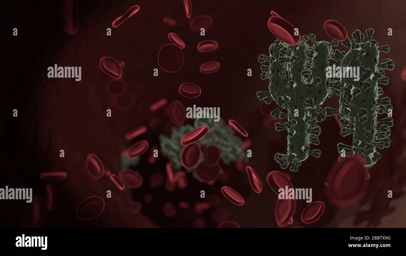microscopic 3D rendering view of virus shaped as symbol of fork and ...