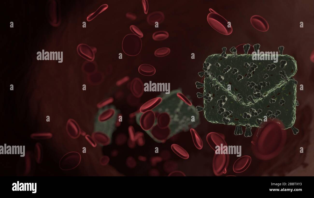 microscopic 3D rendering view of virus shaped as symbol of post ...