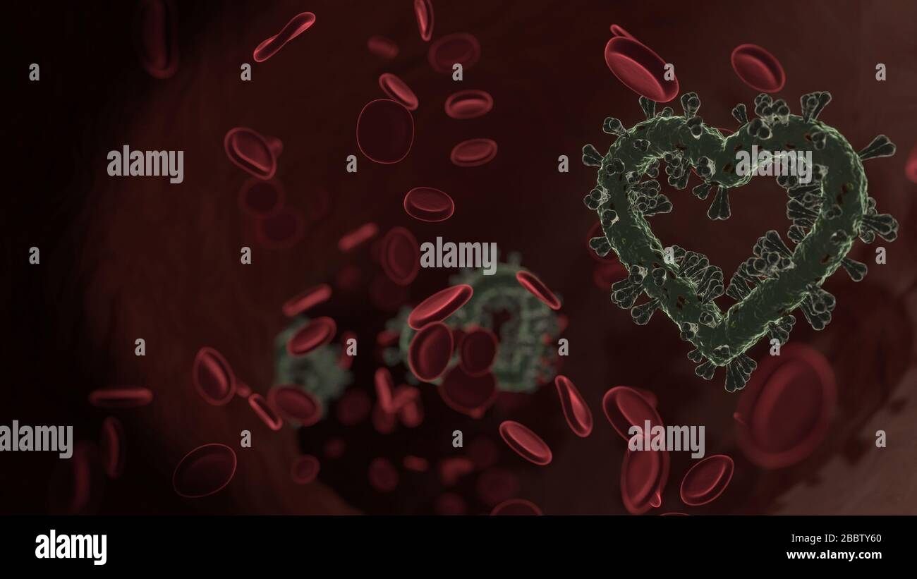 microscopic 3D rendering view of virus shaped as symbol of heart inside ...