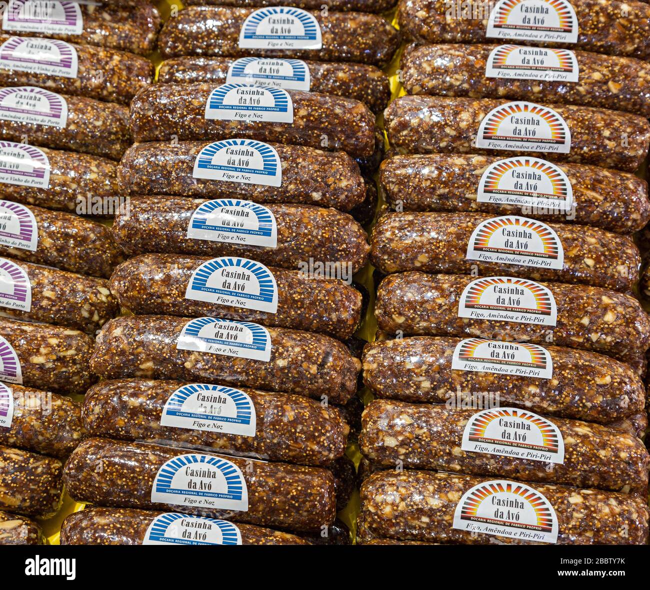 Packaged figs on sale in indoor market, Loule, Algarve, Portugal Stock ...