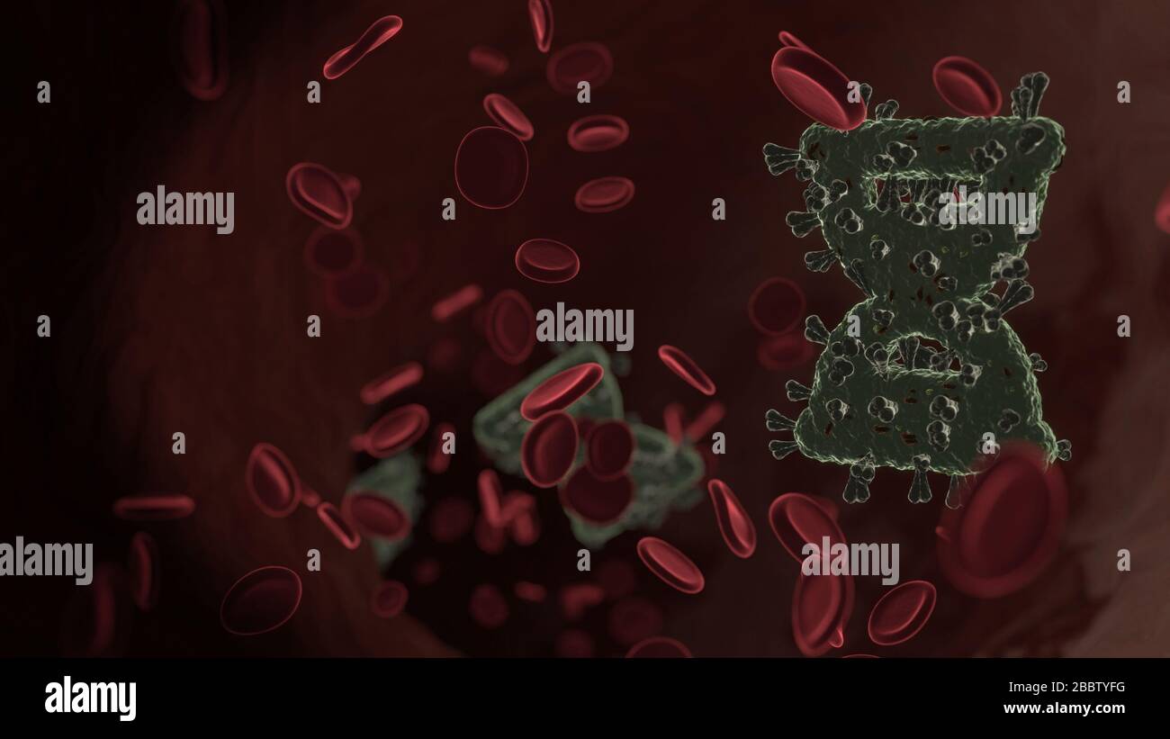 microscopic 3D rendering view of virus shaped as symbol of hourglass in ...