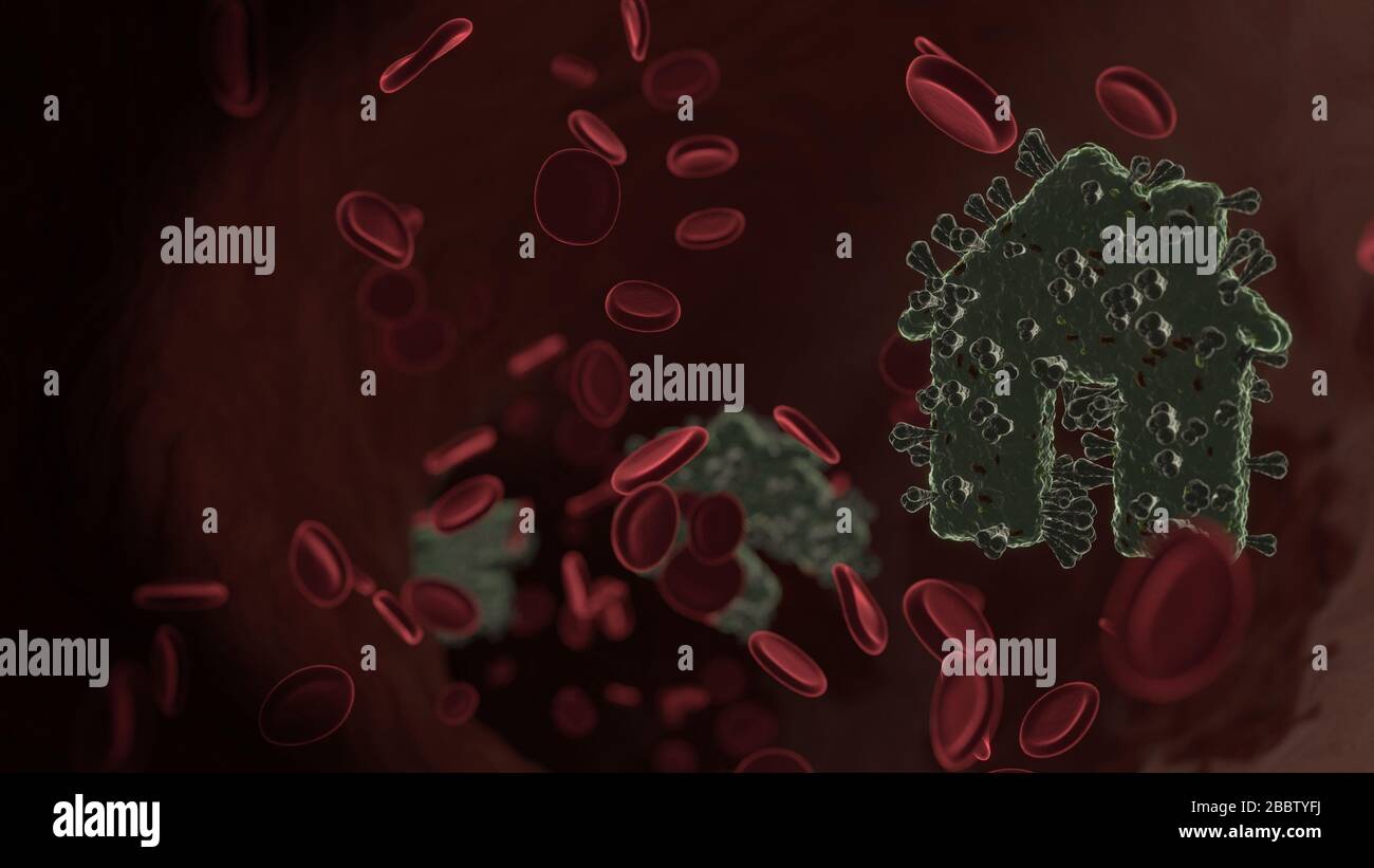 microscopic 3D rendering view of virus shaped as symbol of home with ...