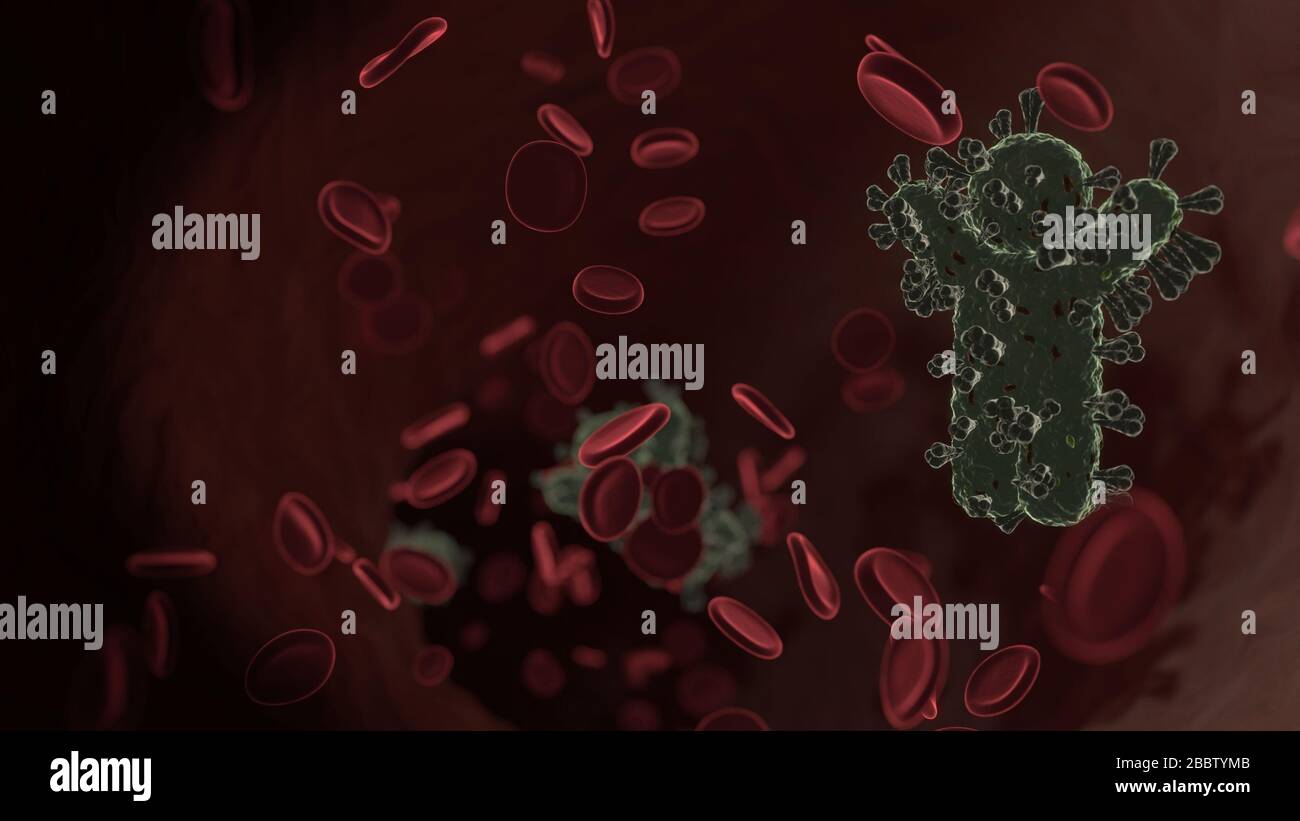 microscopic 3D rendering view of virus shaped as symbol of child figure ...