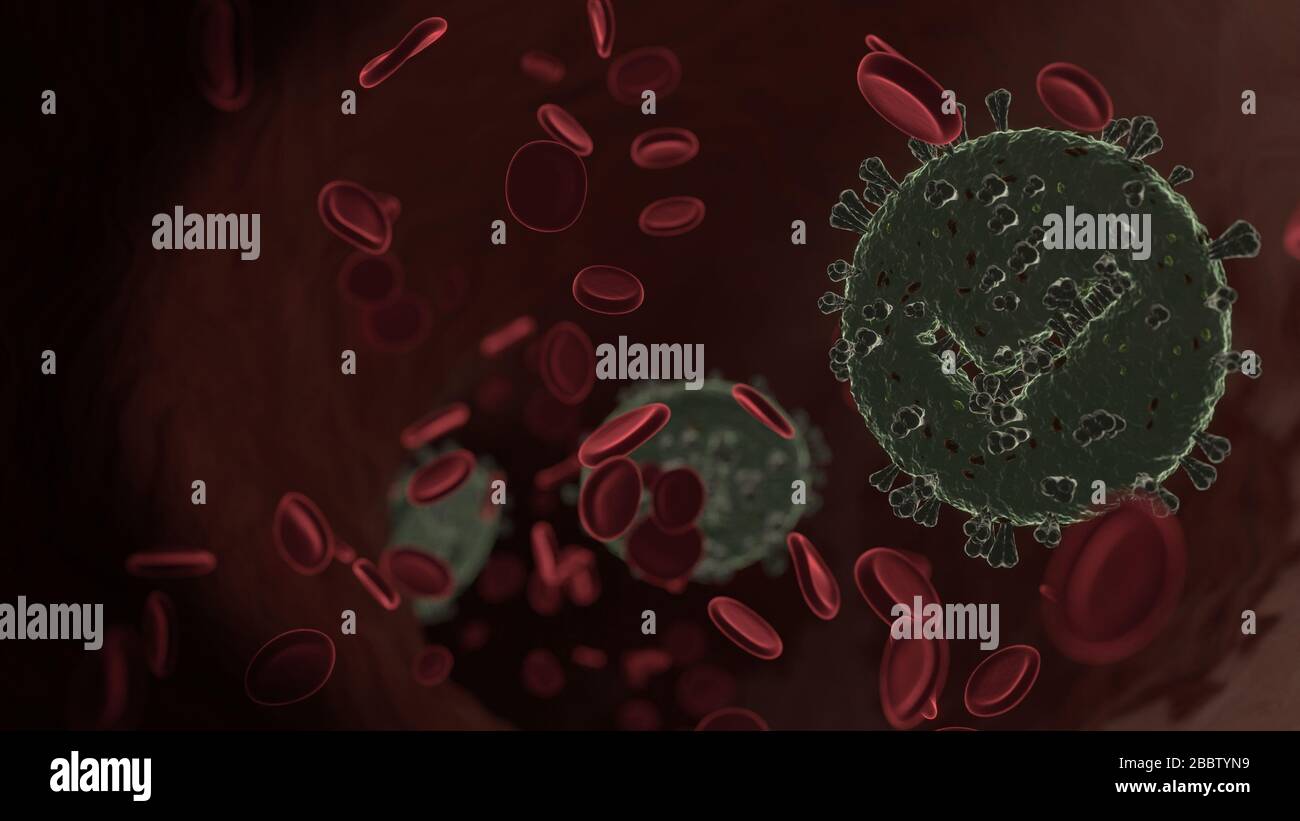 microscopic 3D rendering view of virus shaped as symbol of check mark ...
