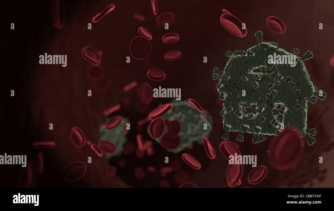 microscopic 3D rendering view of virus shaped as symbol of house with ...