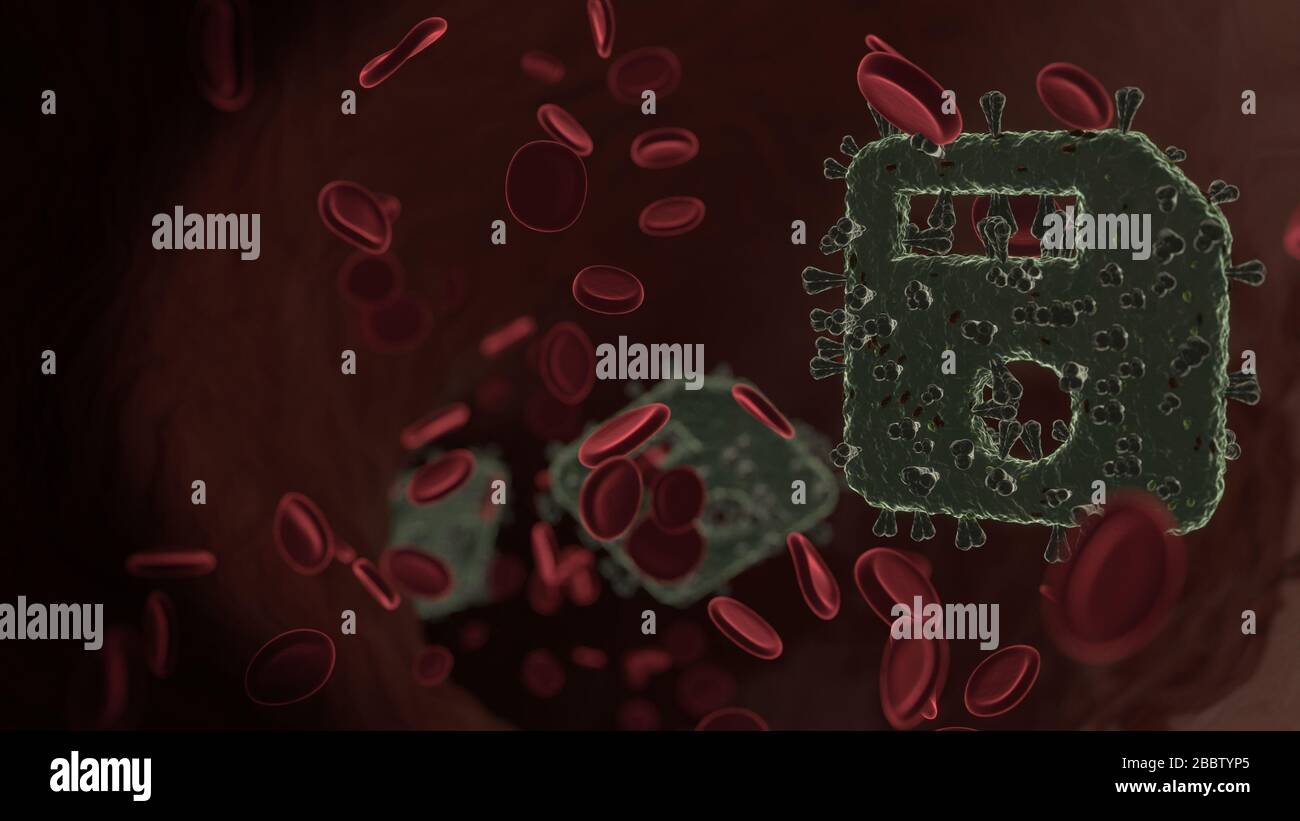 microscopic 3D rendering view of virus shaped as symbol of floppy disk ...