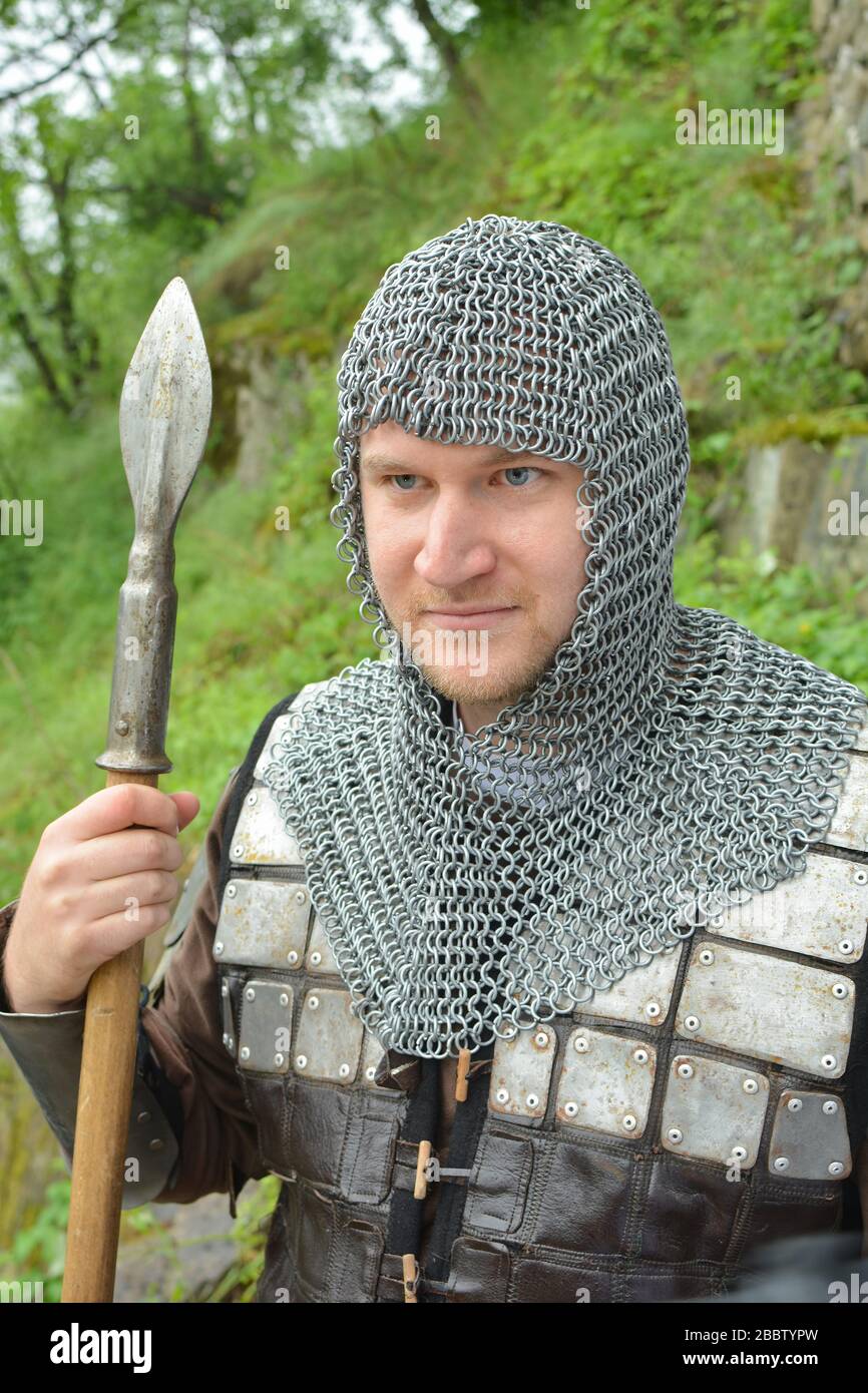reconstruction of the medieval scene, young knight with spear and ...