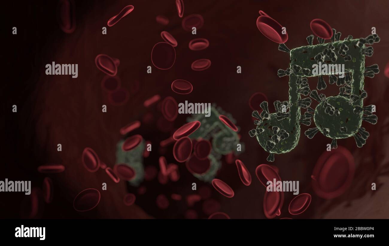 microscopic 3D rendering view of virus shaped as symbol of music note ...
