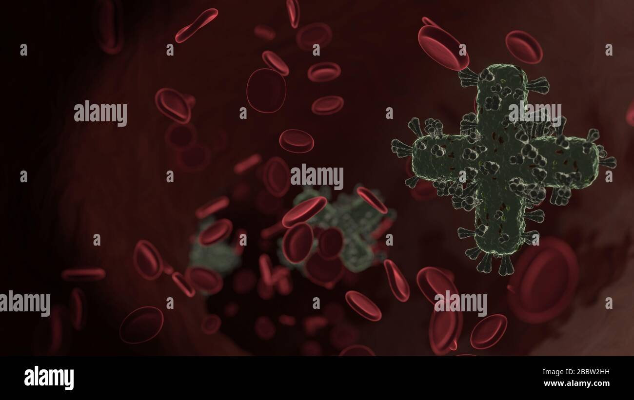 microscopic 3D rendering view of virus shaped as symbol of plus inside ...