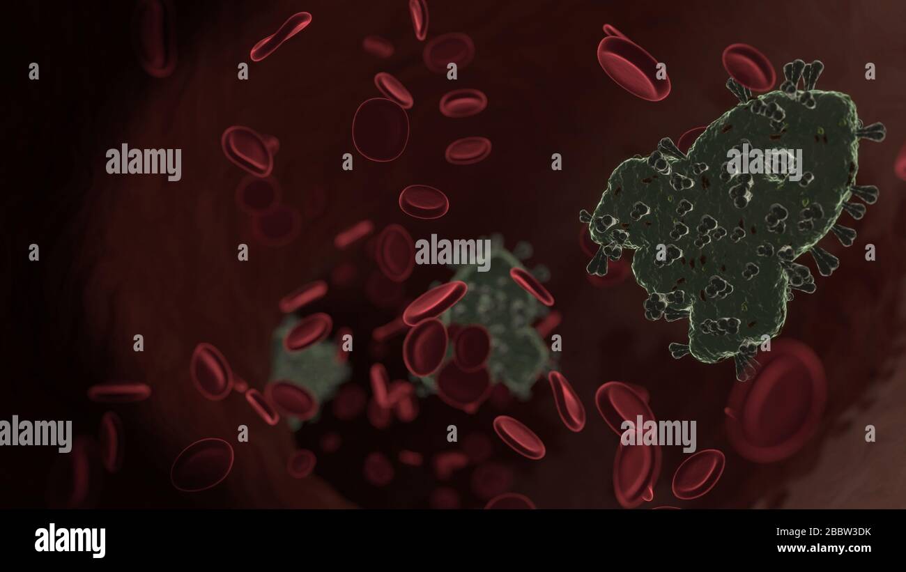 microscopic 3D rendering view of virus shaped as symbol of rocket ...
