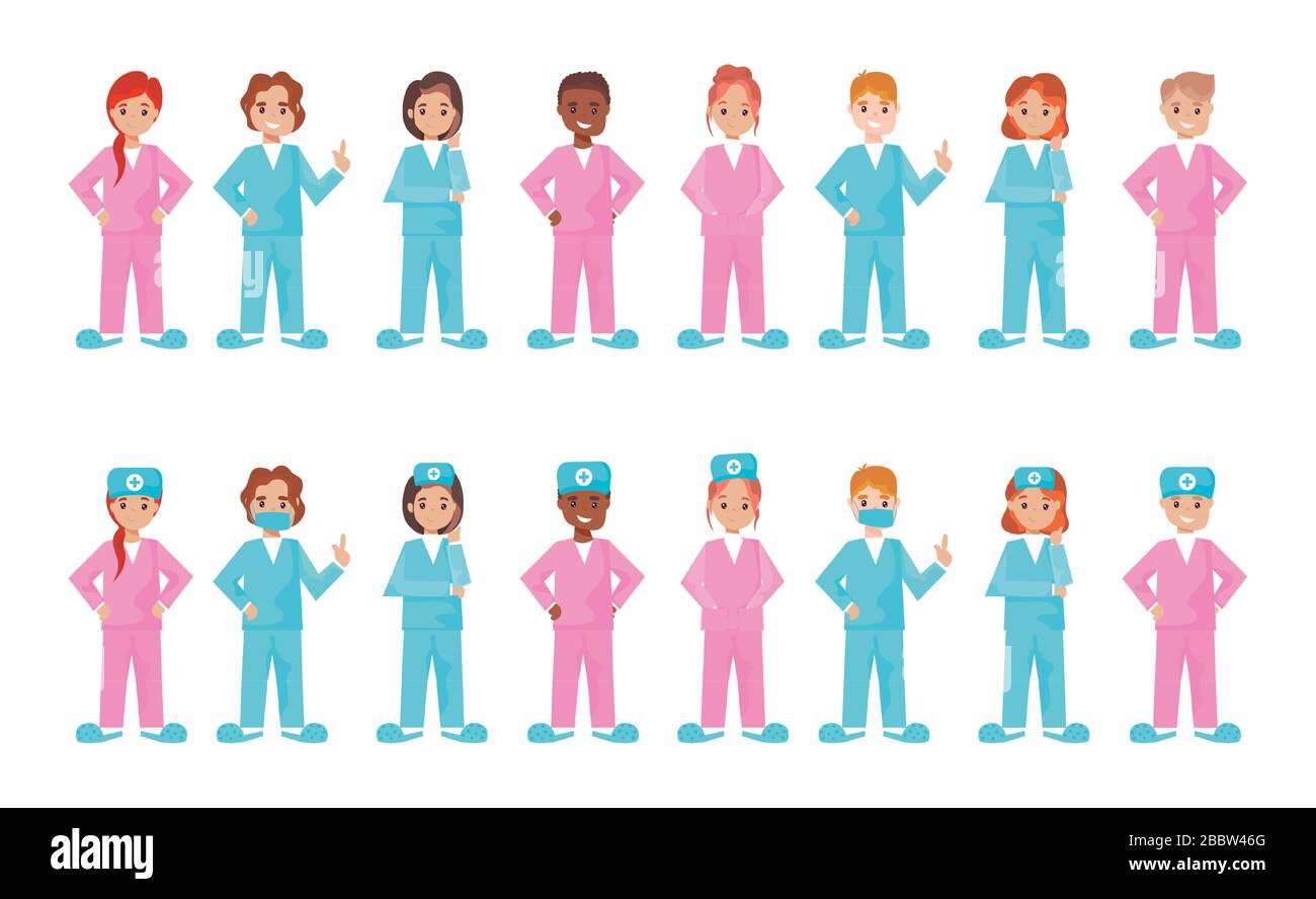 group of nurses in different poses on white background vector ...