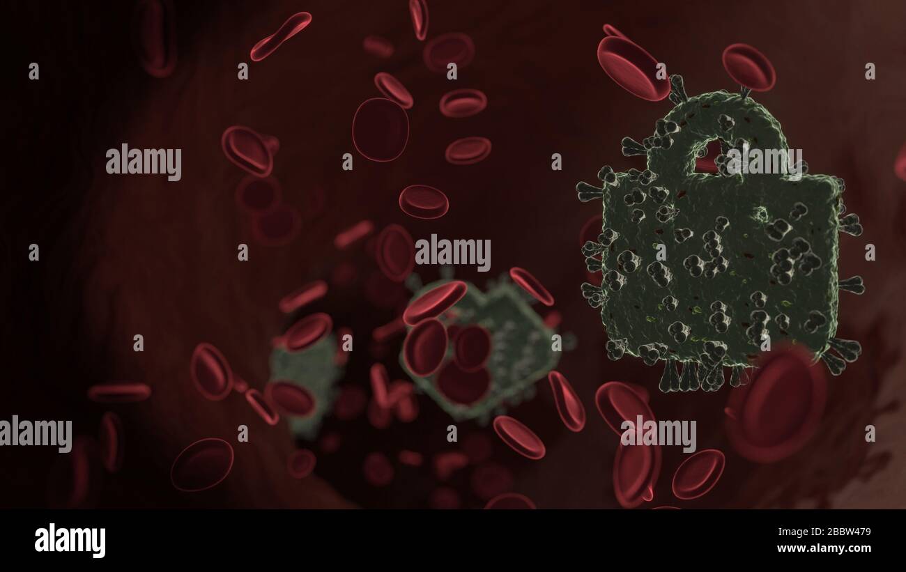 microscopic 3D rendering view of virus shaped as symbol of shopping bag ...