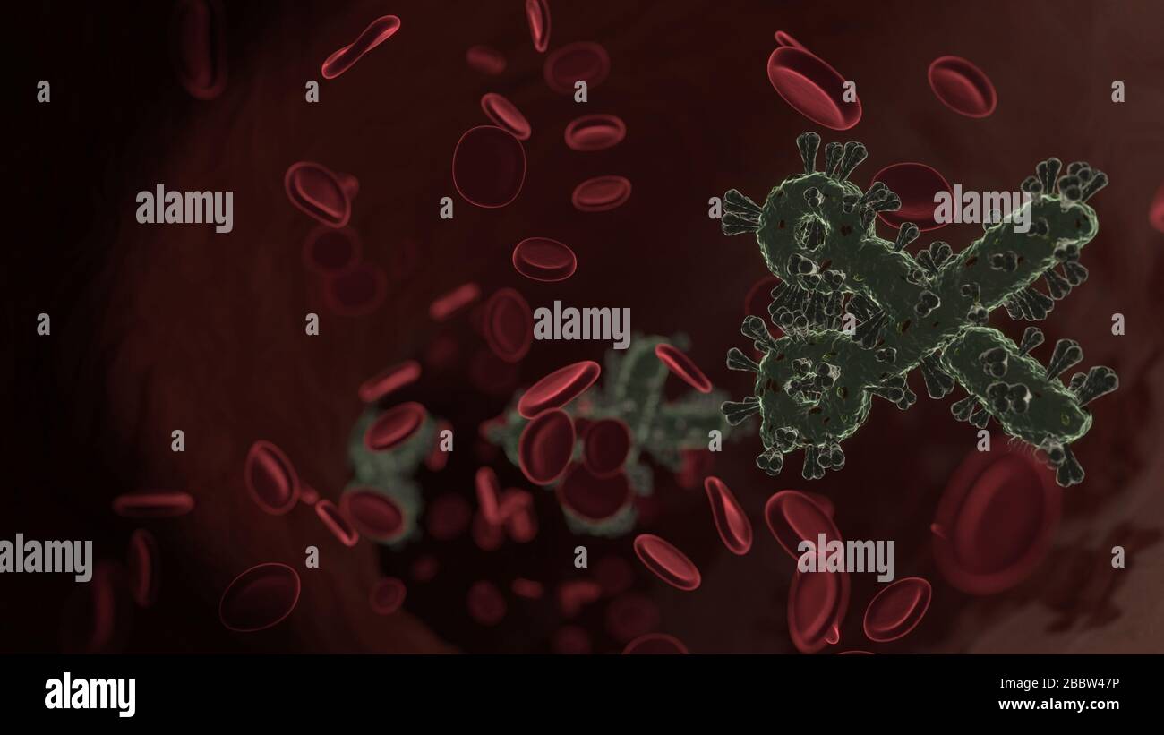 microscopic 3D rendering view of virus shaped as symbol of scissors ...