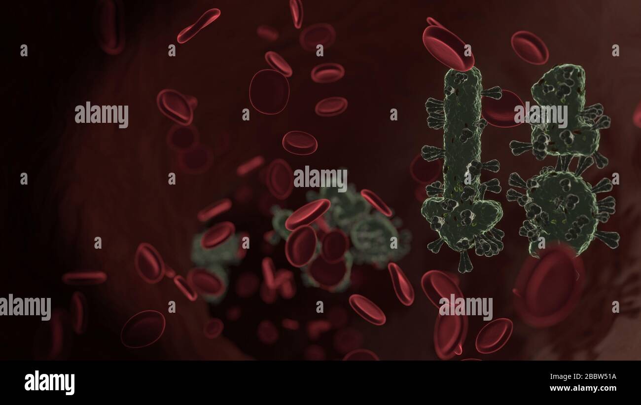 microscopic 3D rendering view of virus shaped as symbol of down arrow ...