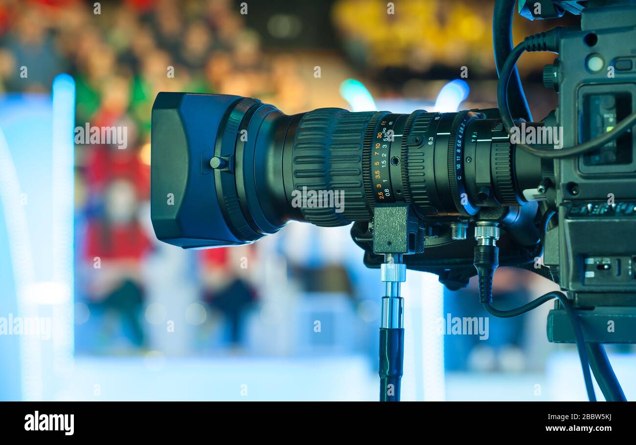 Video camera lens - recording show in TV studio - focus on camera ...