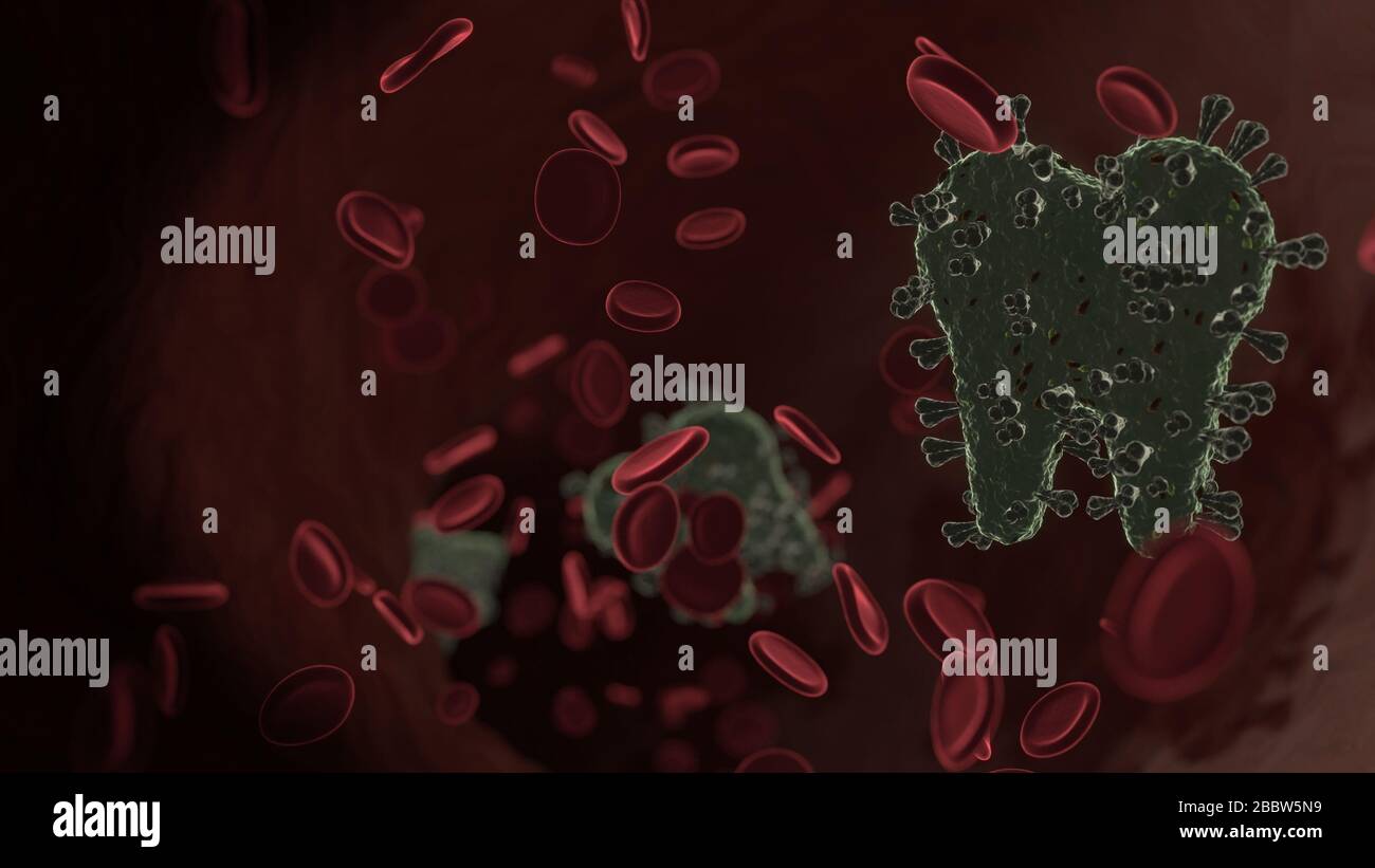 microscopic 3D rendering view of virus shaped as symbol of tooth inside ...