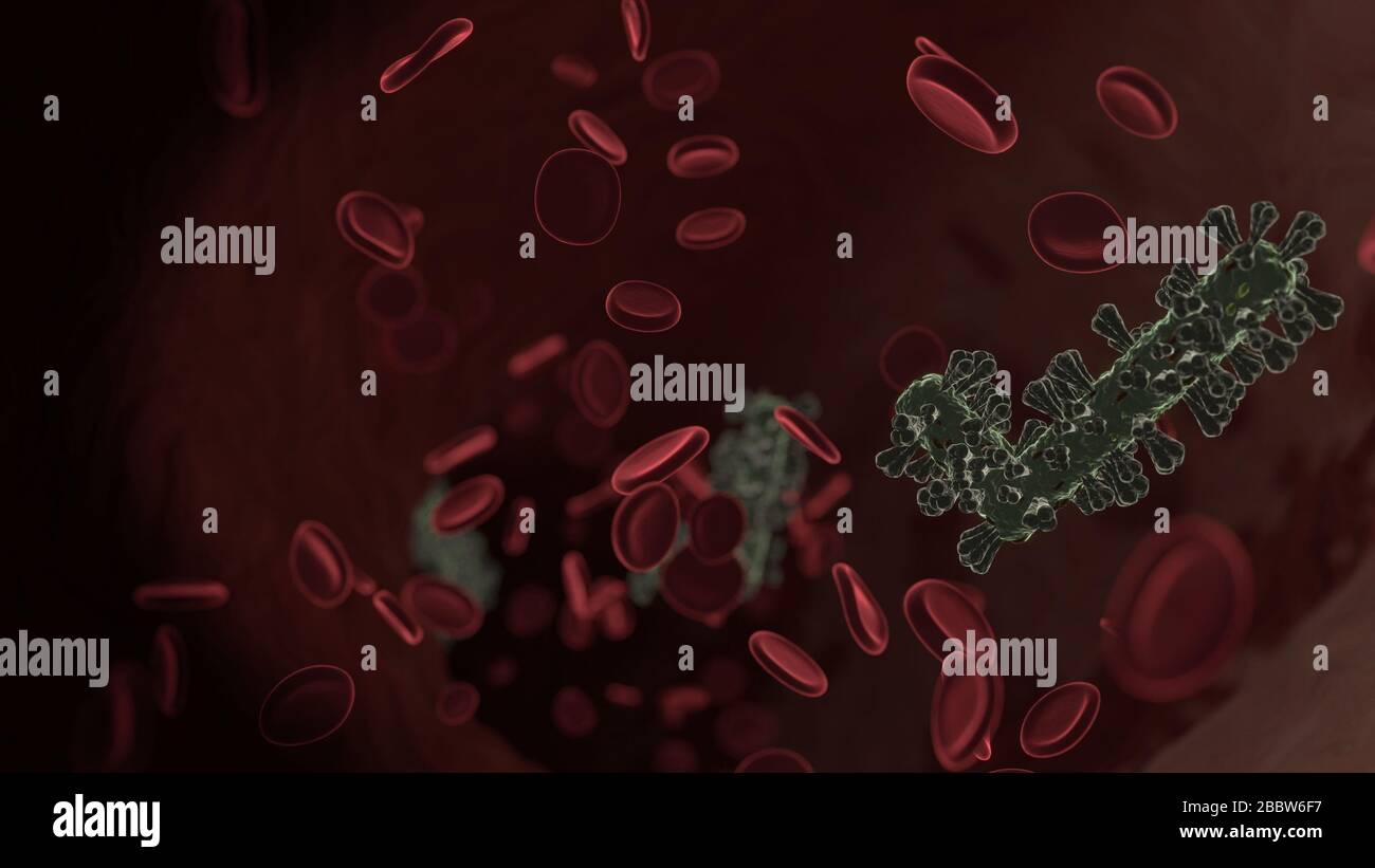 microscopic 3D rendering view of virus shaped as symbol of check sign ...