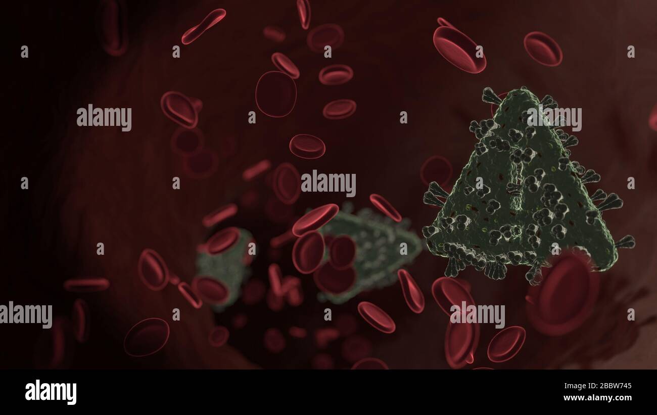 microscopic 3D rendering view of virus shaped as symbol of exclamation ...