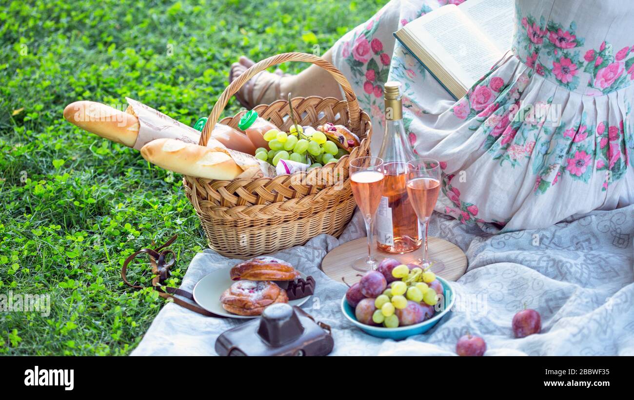 Summer - picnic in the meadow. girl sitting reading a book and near a ...
