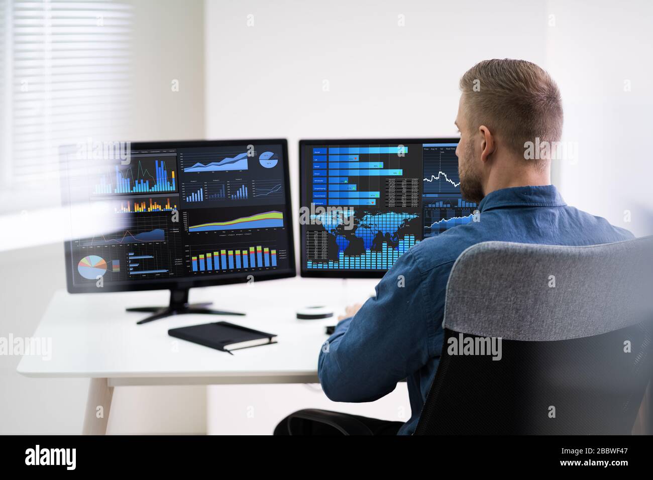 Rear View Of Young Businessman Looking At Graph On The Computers In The ...