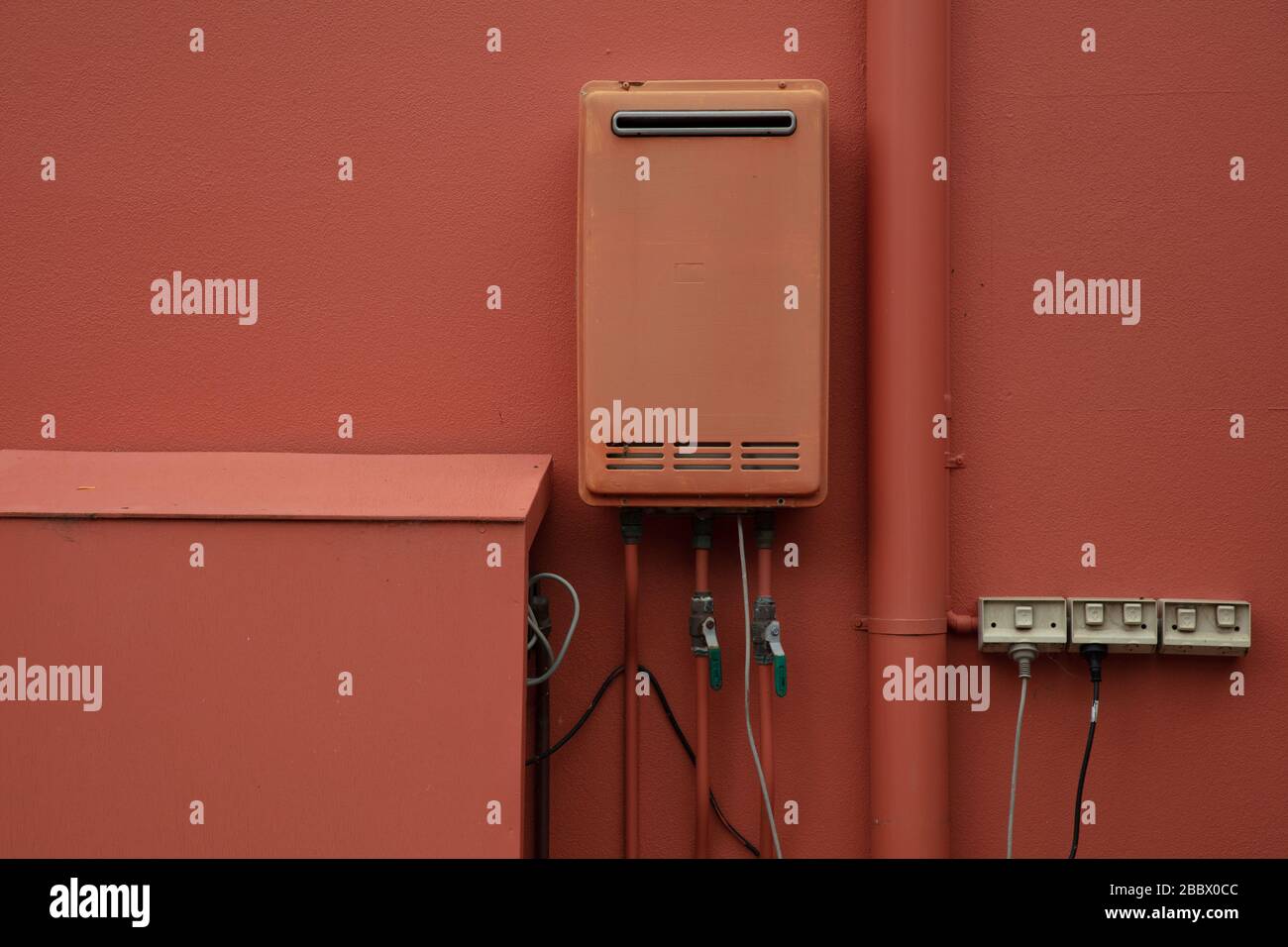 Utility boxes for water and electricity seen on the side of a house ...