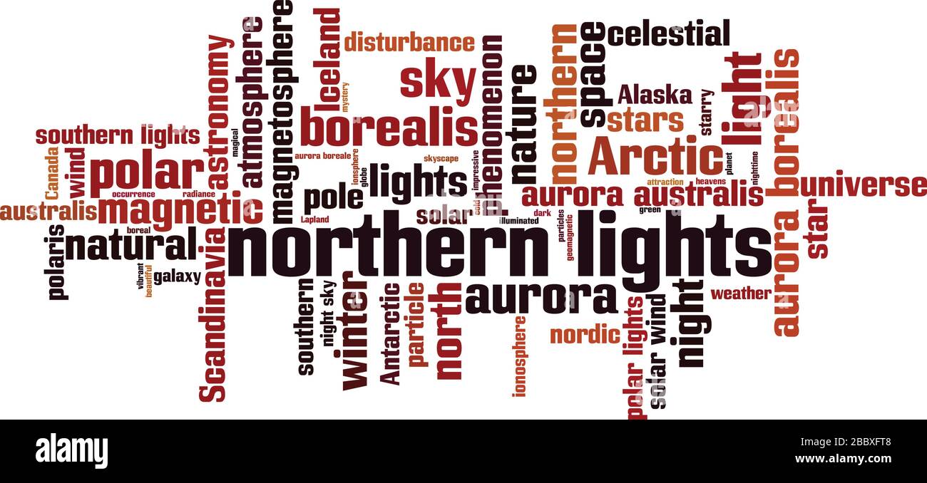 Northern lights word cloud concept. Collage made of words about ...
