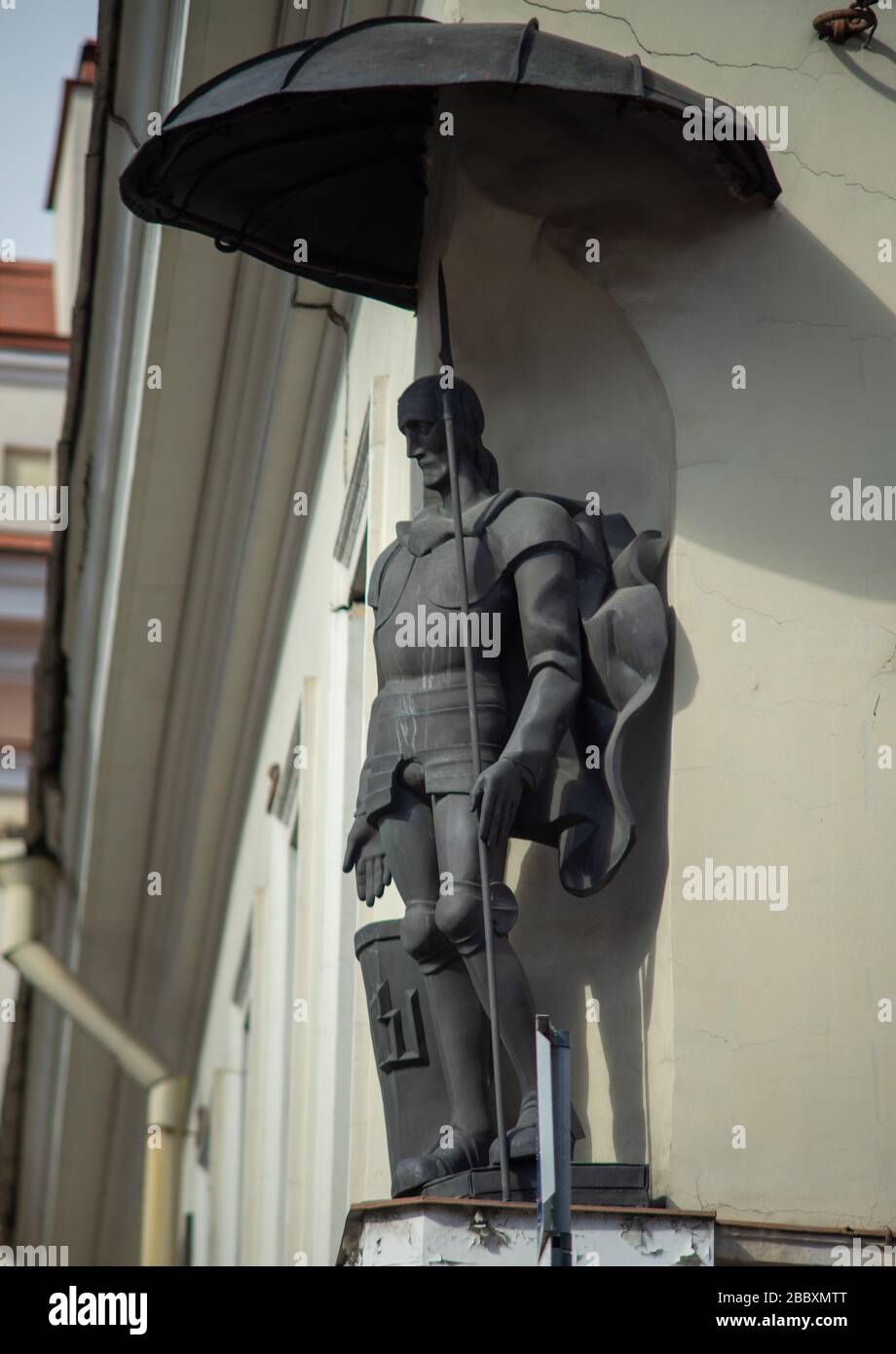 April 26, 2018 Vilnius, Lithuania. Statue City guard on the wall of the ...