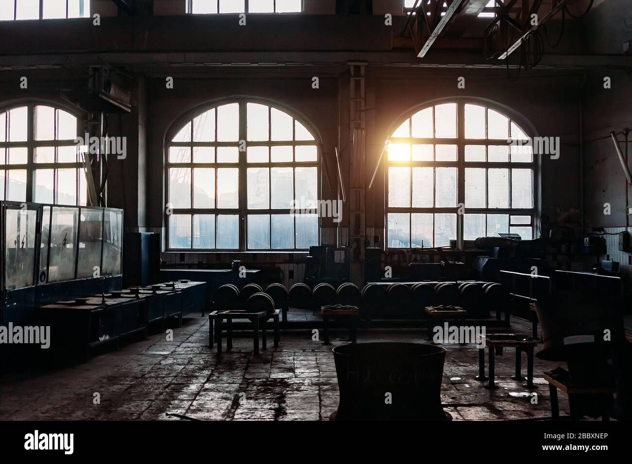 Old abandoned railroad workshop. Train repairing factory with old ...