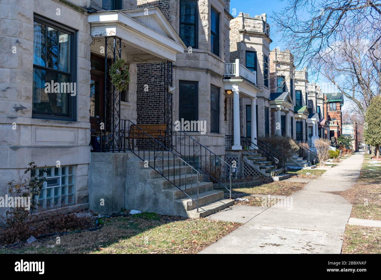 Row of Old Homes along a Sidewalk in Logan Square Chicago Stock Photo ...