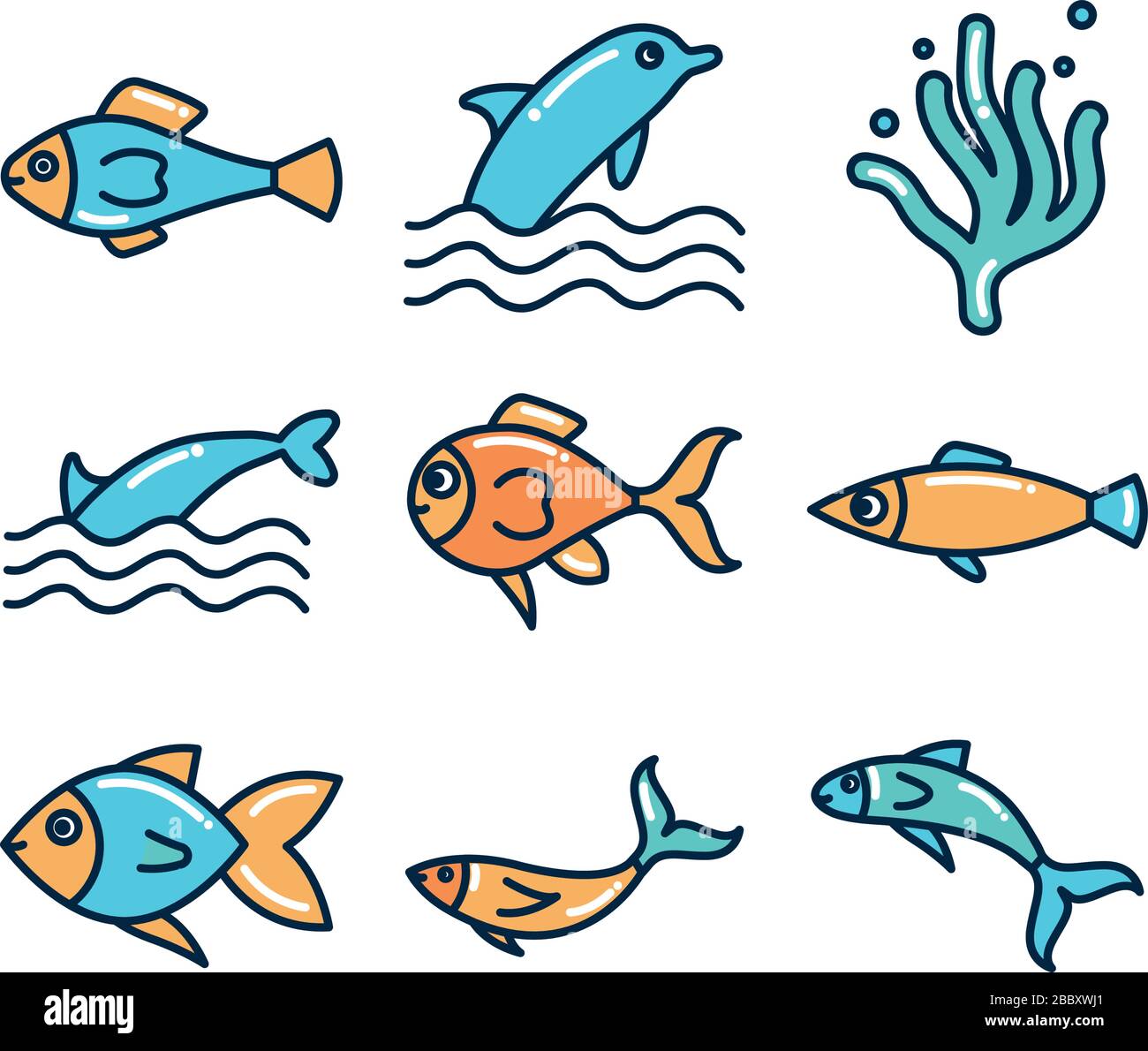 fill style icon set design Sea animals life ecosystem fauna ocean ...