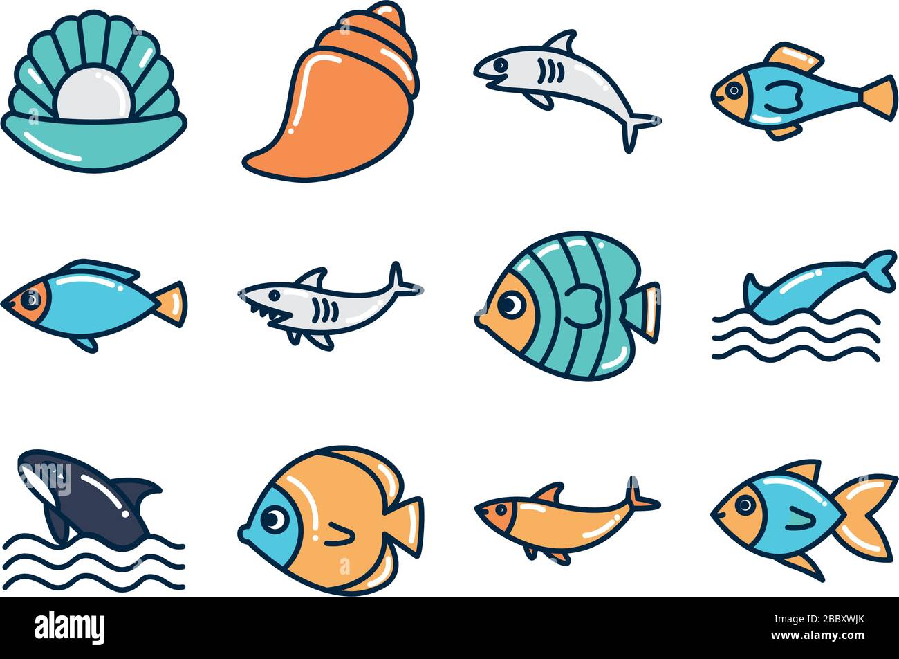 fill style icon set design Sea animals life ecosystem fauna ocean ...