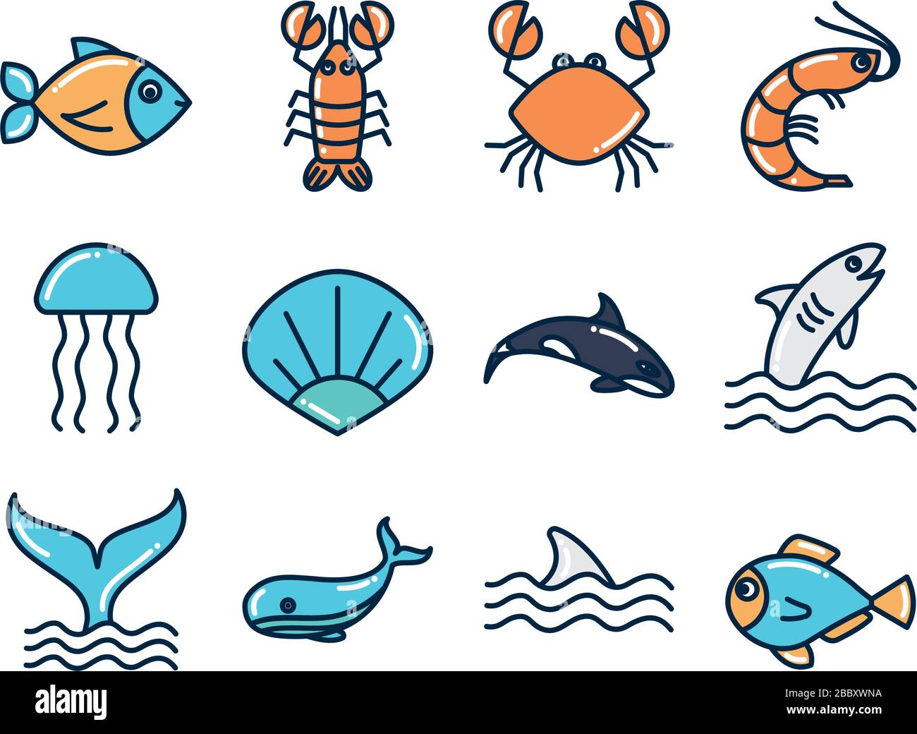 fill style icon set design Sea animals life ecosystem fauna ocean ...