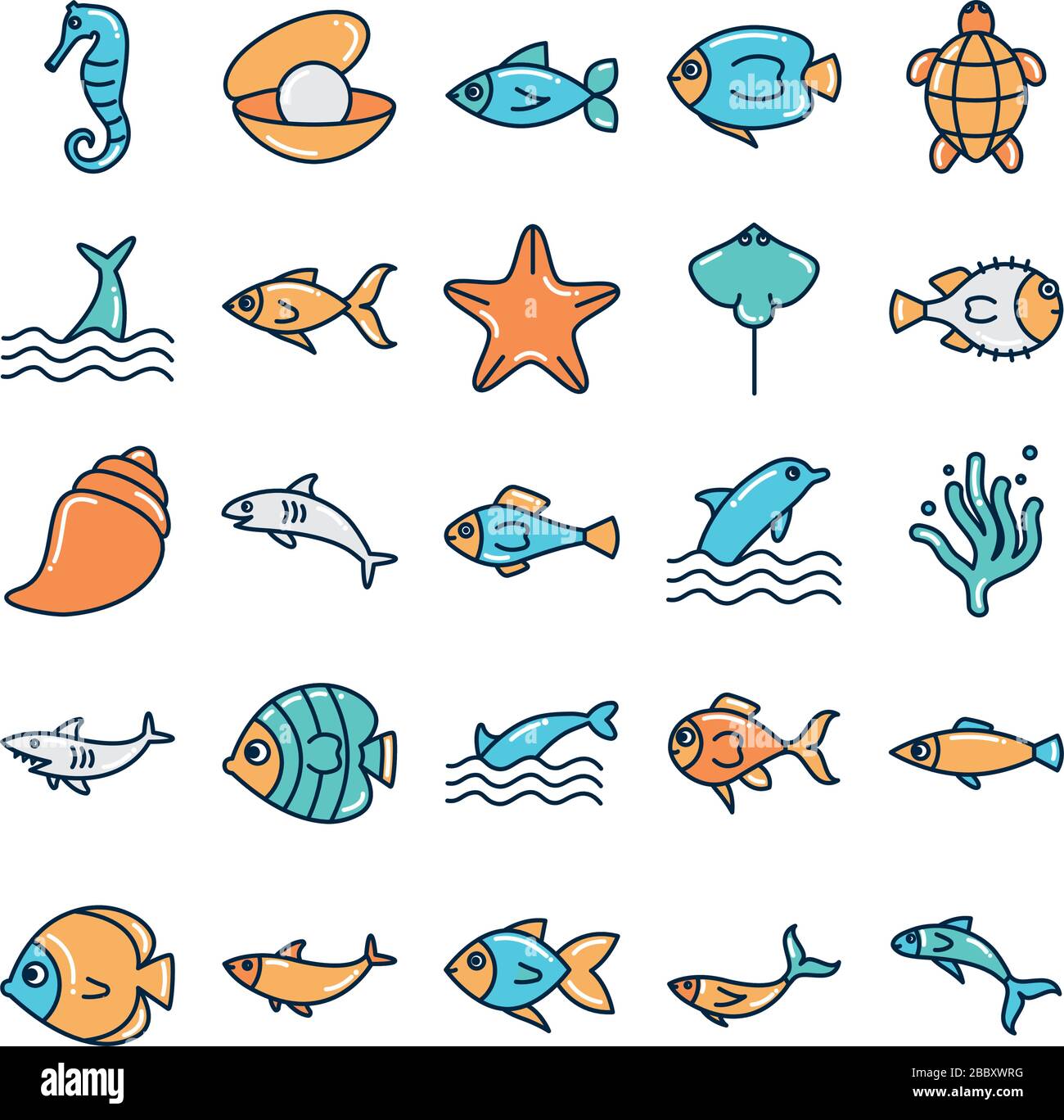 fill style icon set design Sea animals life ecosystem fauna ocean ...