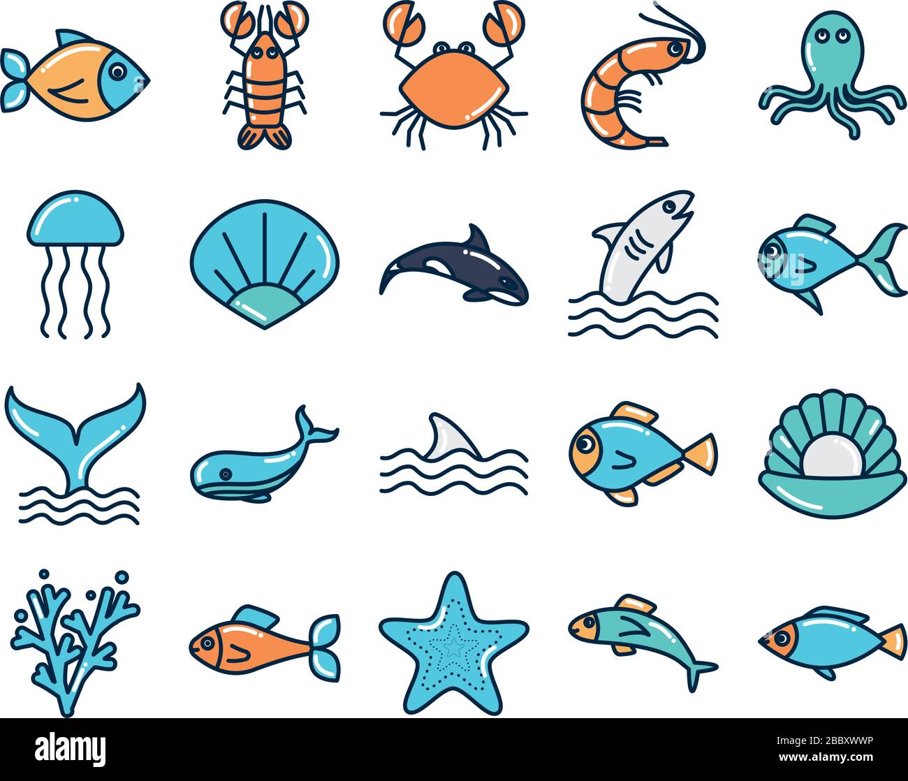 fill style icon set design Sea animals life ecosystem fauna ocean ...