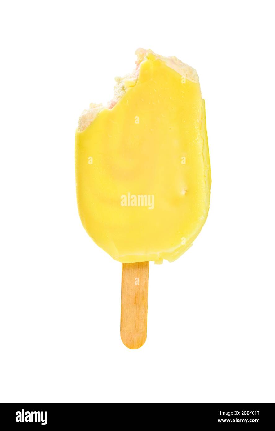 white chocolate outer popsicle with a bite on a white background Stock ...
