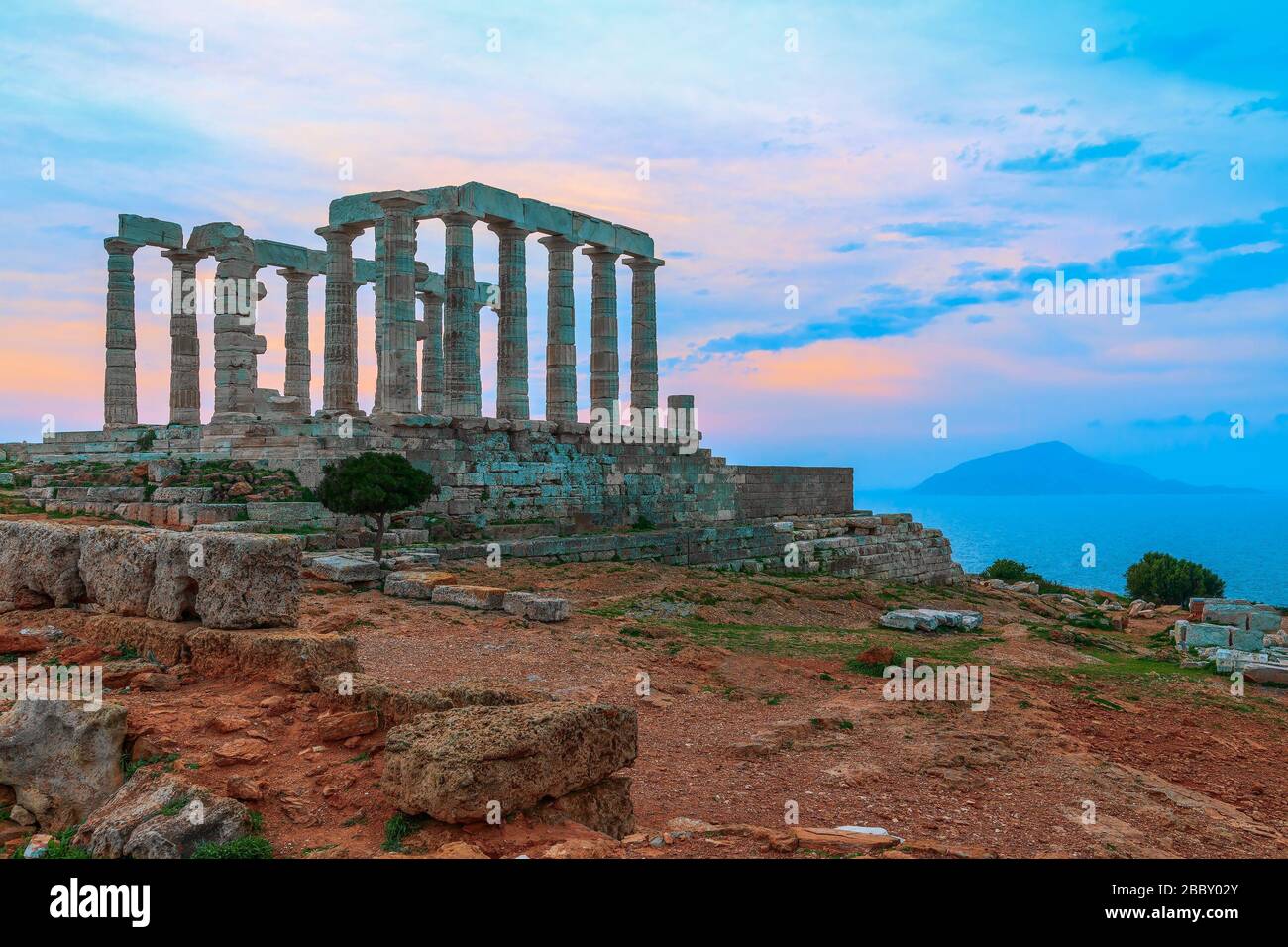 View of the temple of Poseidon at Cape Suonion at sunset. Attic ...