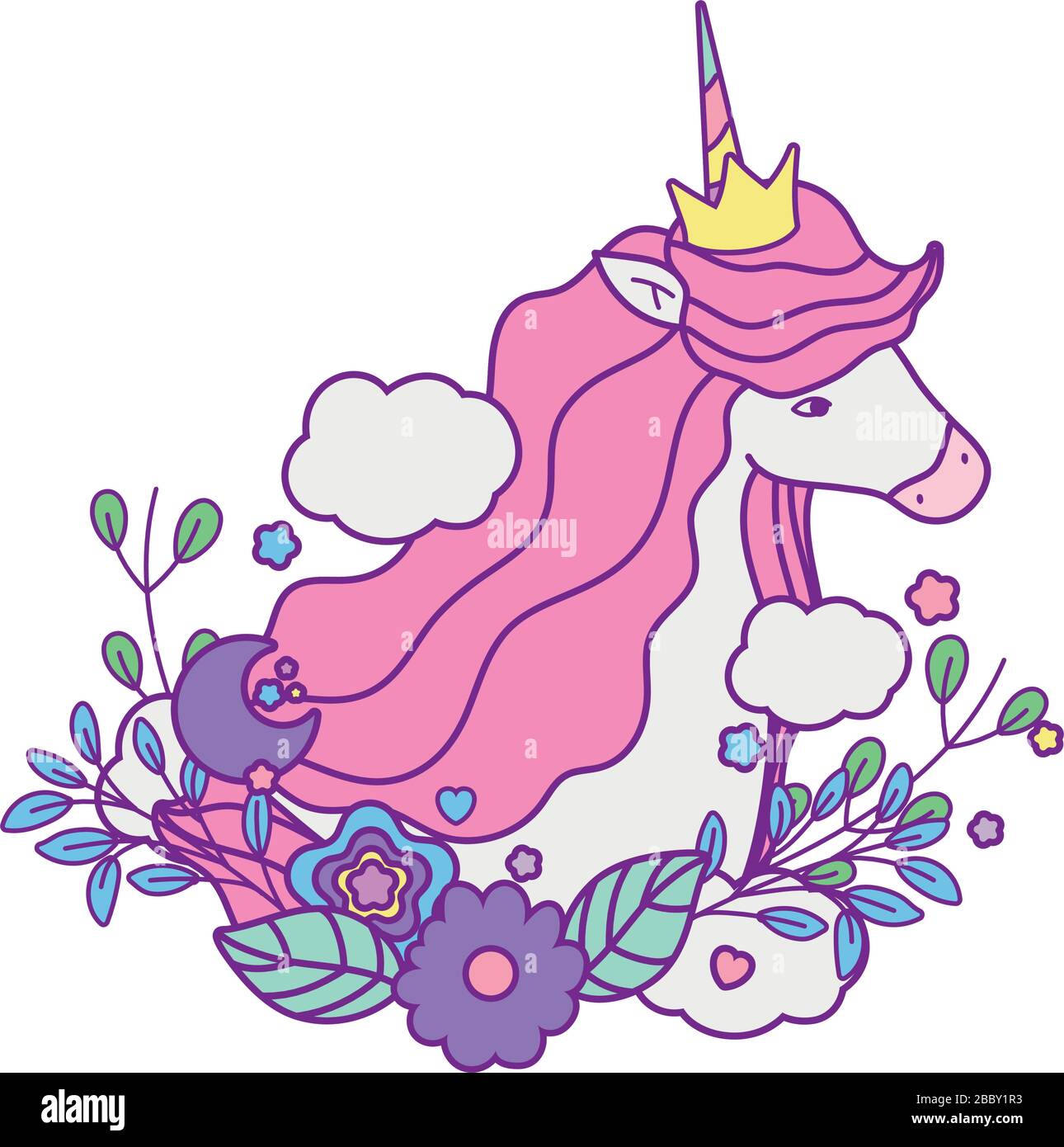 unicorn horse cartoon with flowers and clouds design, magic fantasy ...