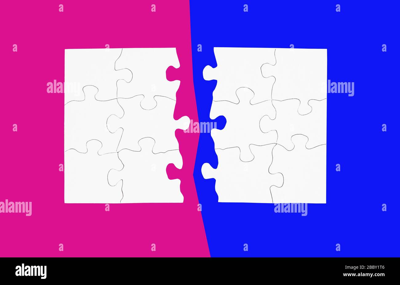 Blank White Puzzle split in Half isolated on pink and blue Stock Photo ...