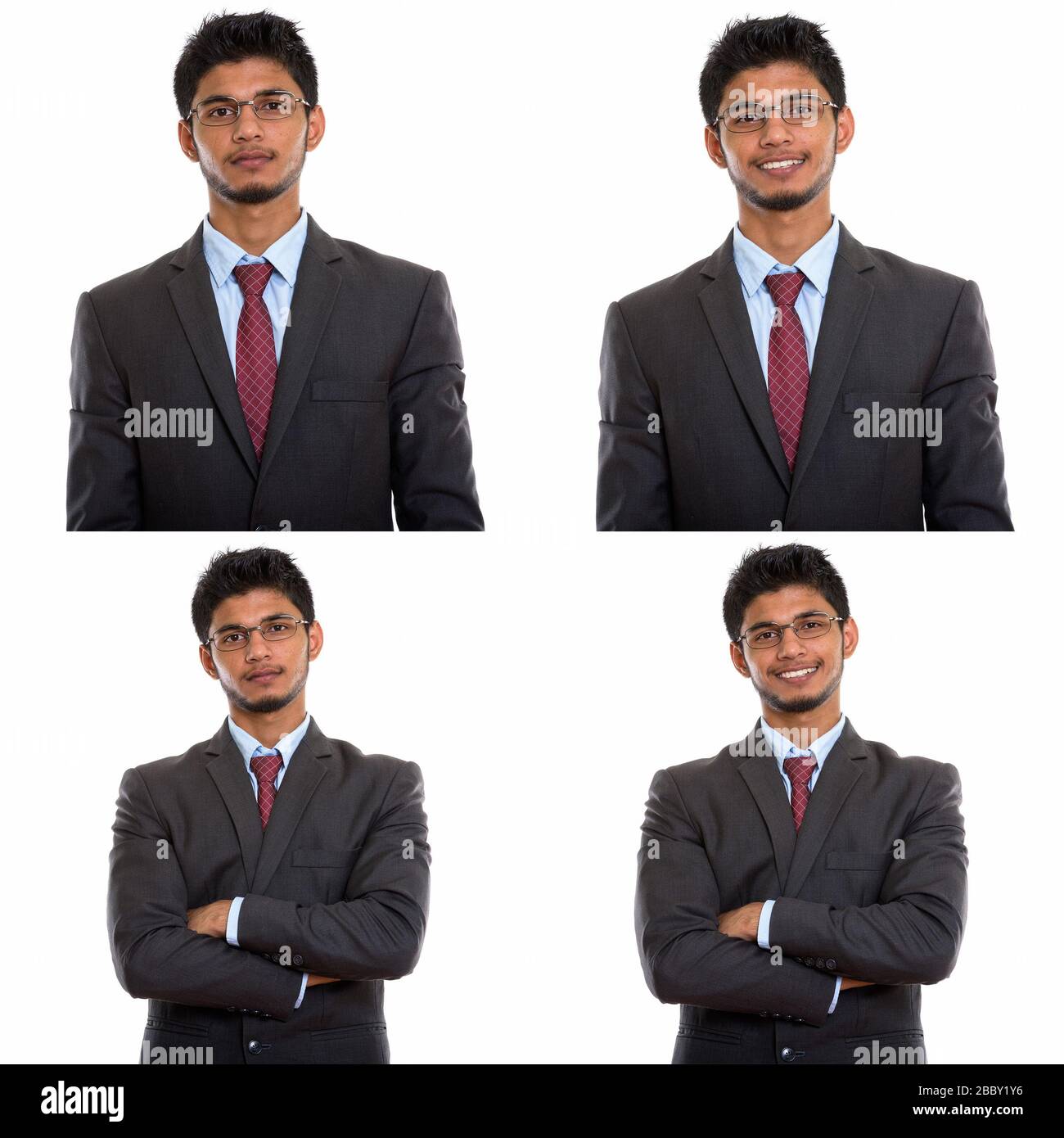 Collage of happy young Indian businessman in suit with arms crossed ...