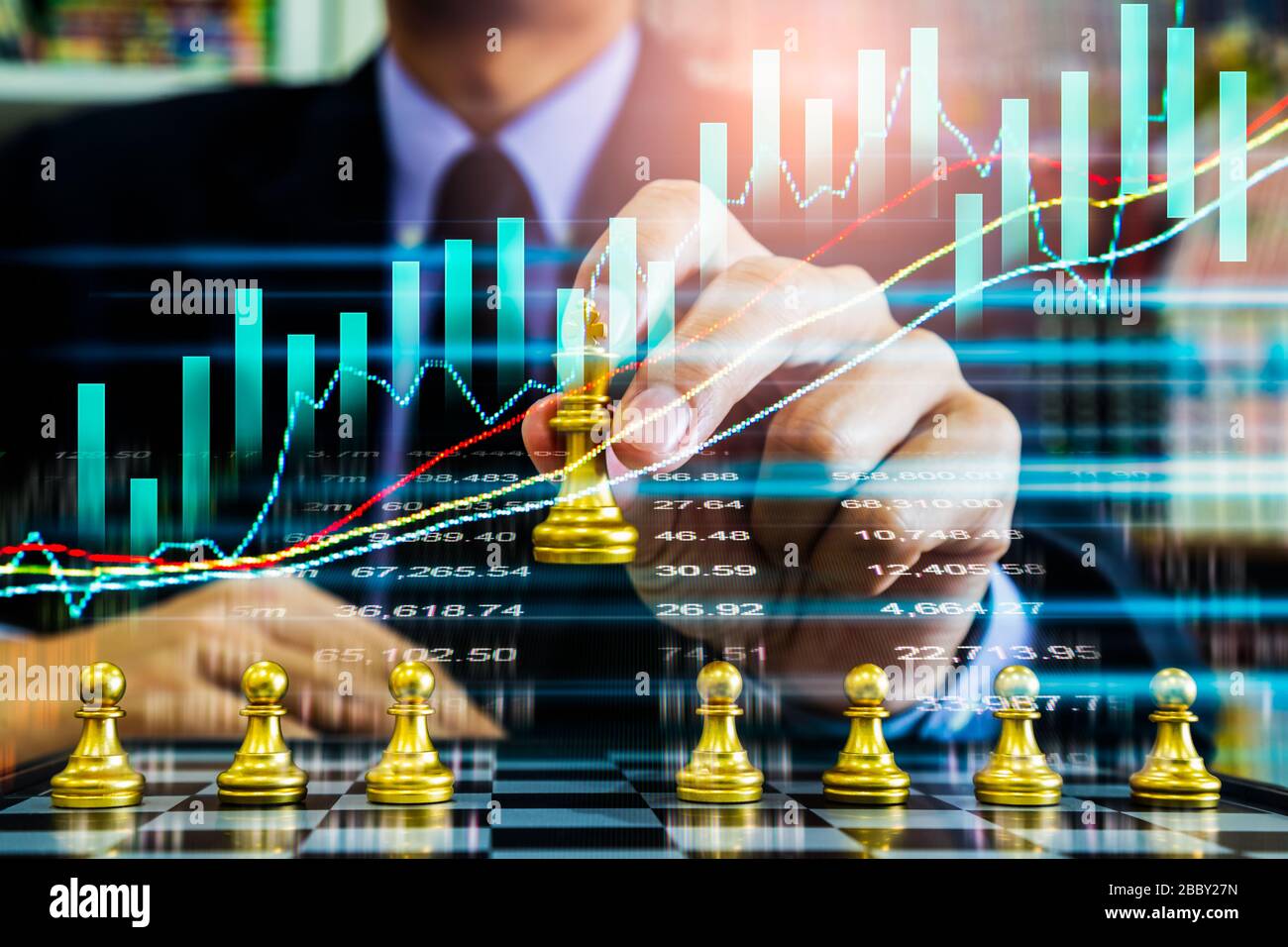 Chess game on chess board on stock market or forex trading graph chart ...