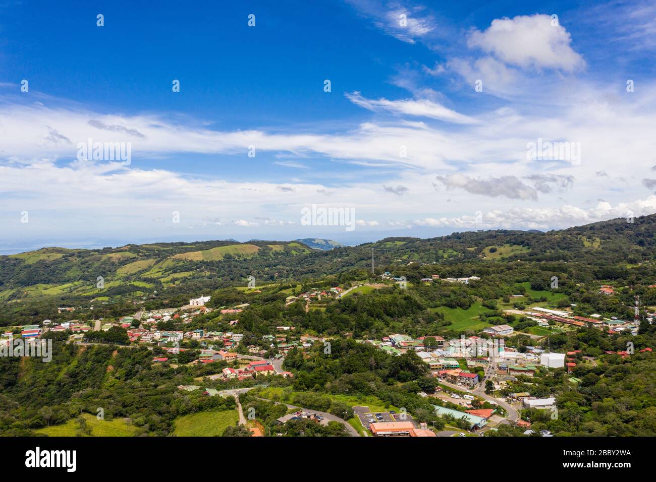 Aerial view Santa Elena town, gateway to the cloud forests of central ...