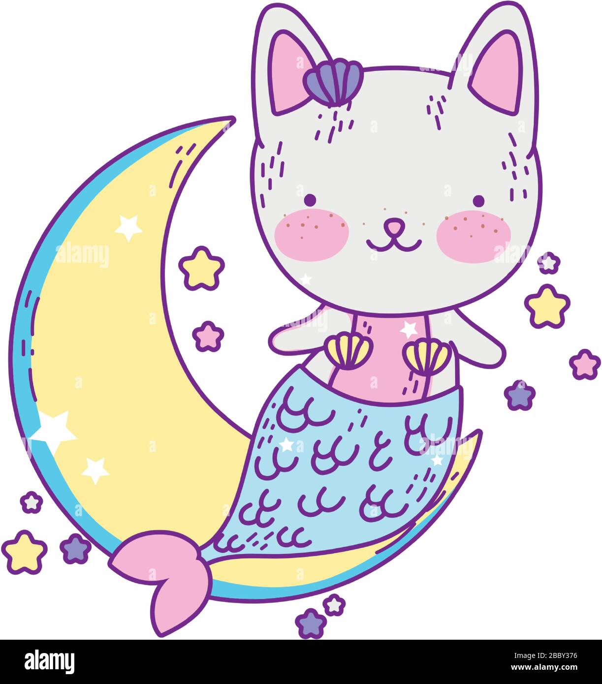 cat siren cartoon and moon design, Kawaii expression cute character ...