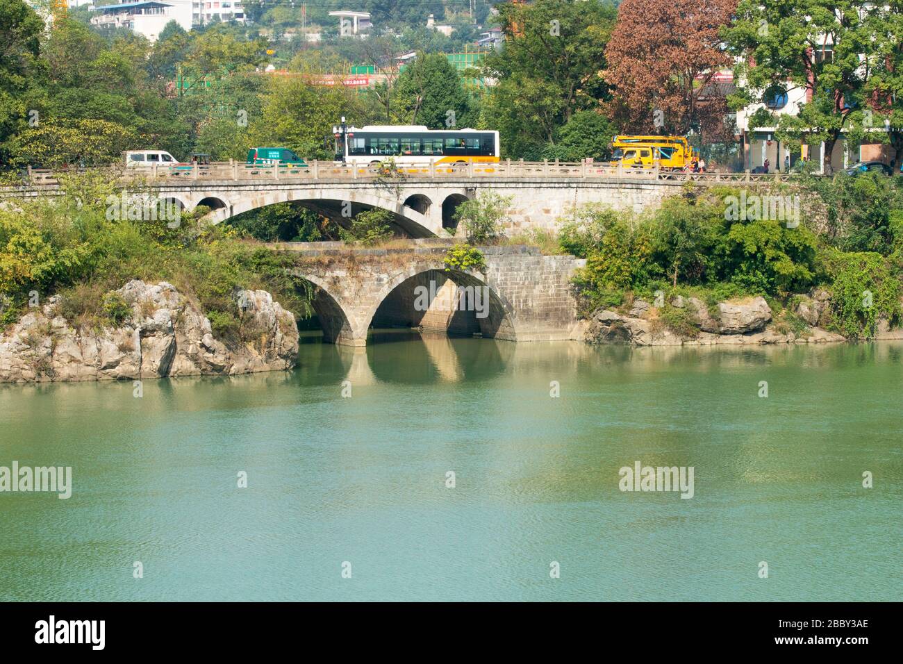The bus on the bridge Stock Photo - Alamy