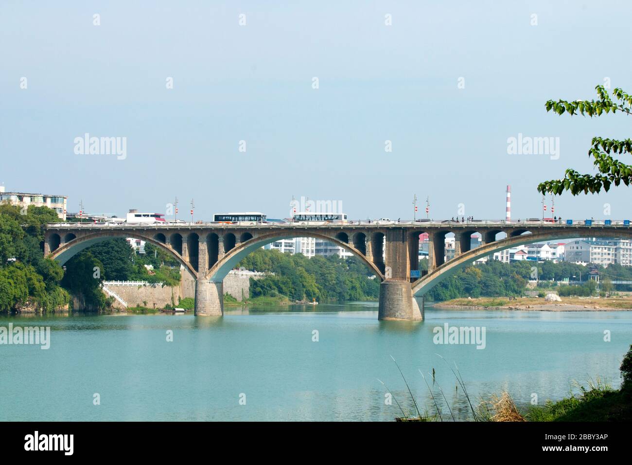 The bus on the bridge Stock Photo - Alamy