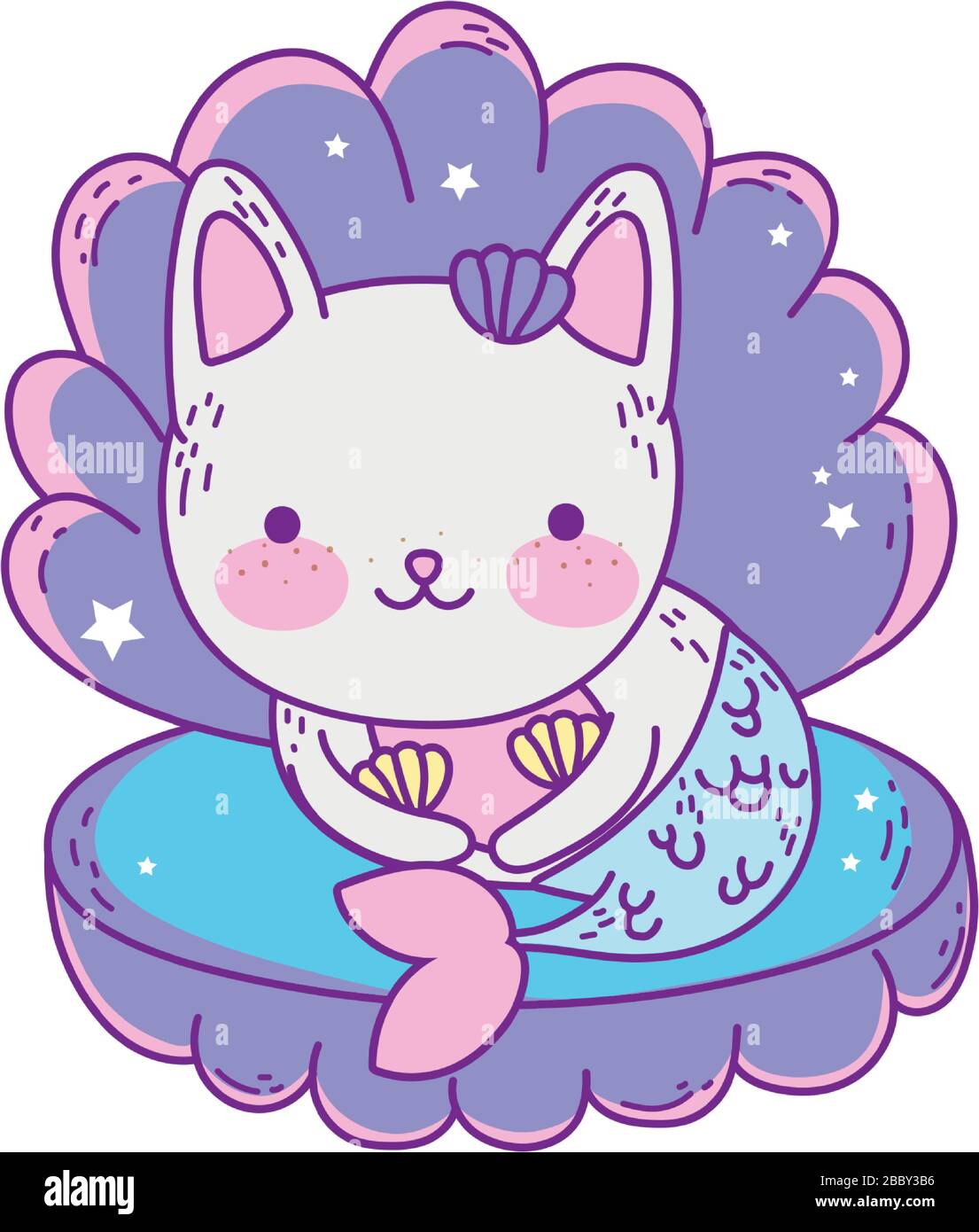 cat siren cartoon inside shell design, Kawaii expression cute character ...