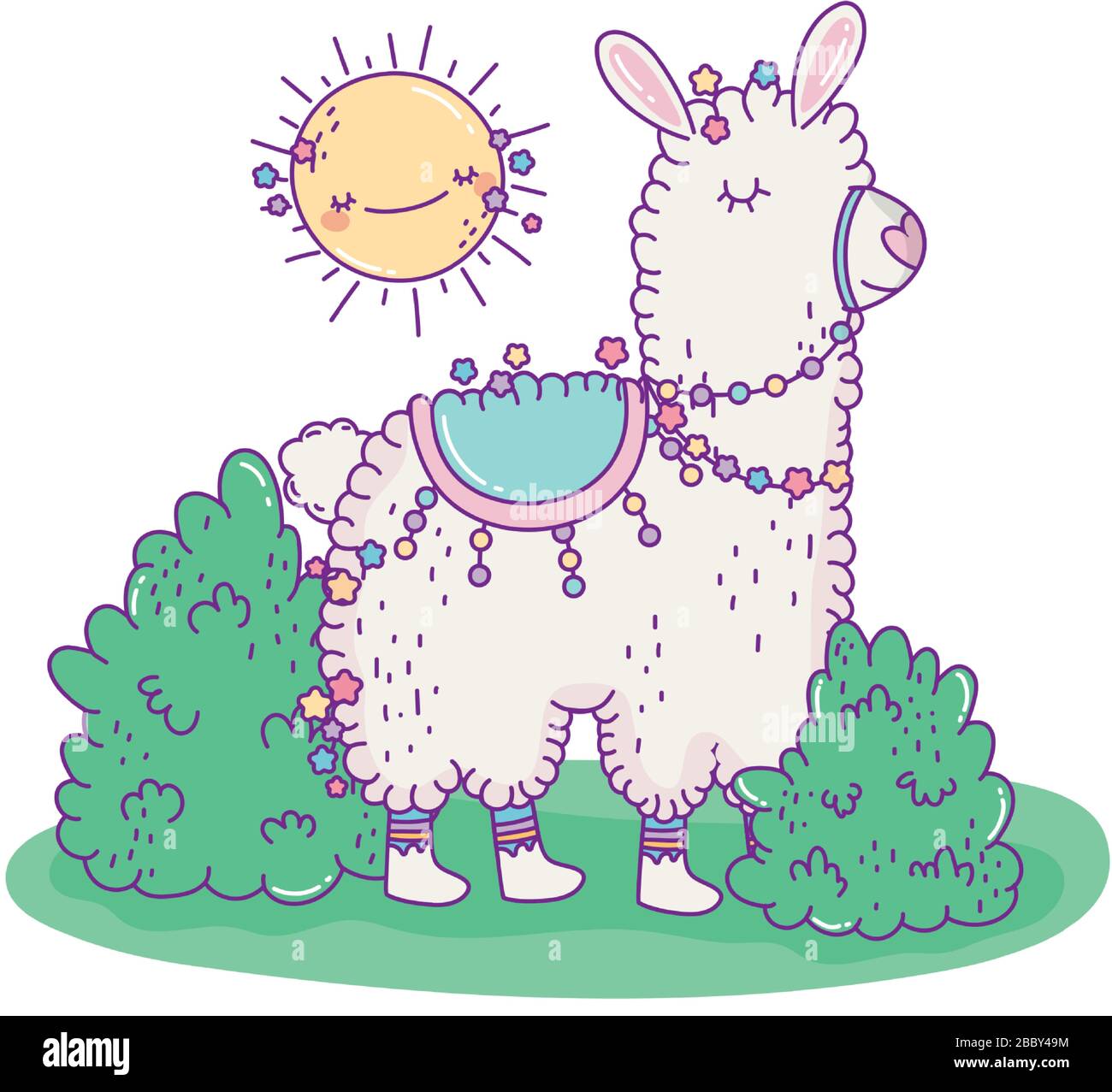 Cute llama cartoon with sun and shrubs design, Animal zoo life nature ...